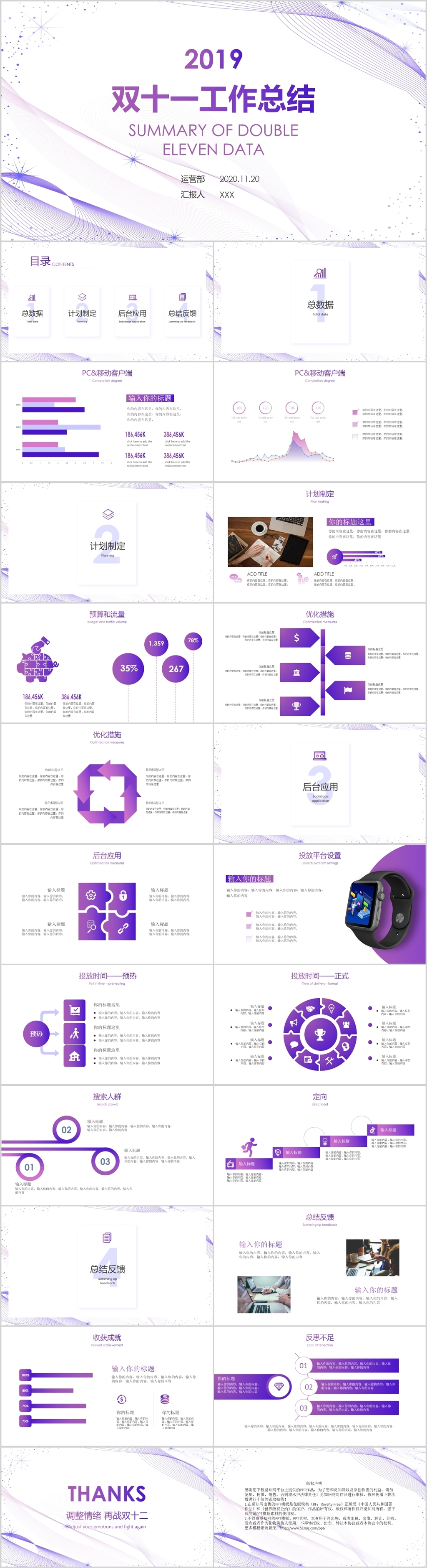 紫色流线渐变线条双十一工作总结数据汇报复盘PPT模板 椰子办公