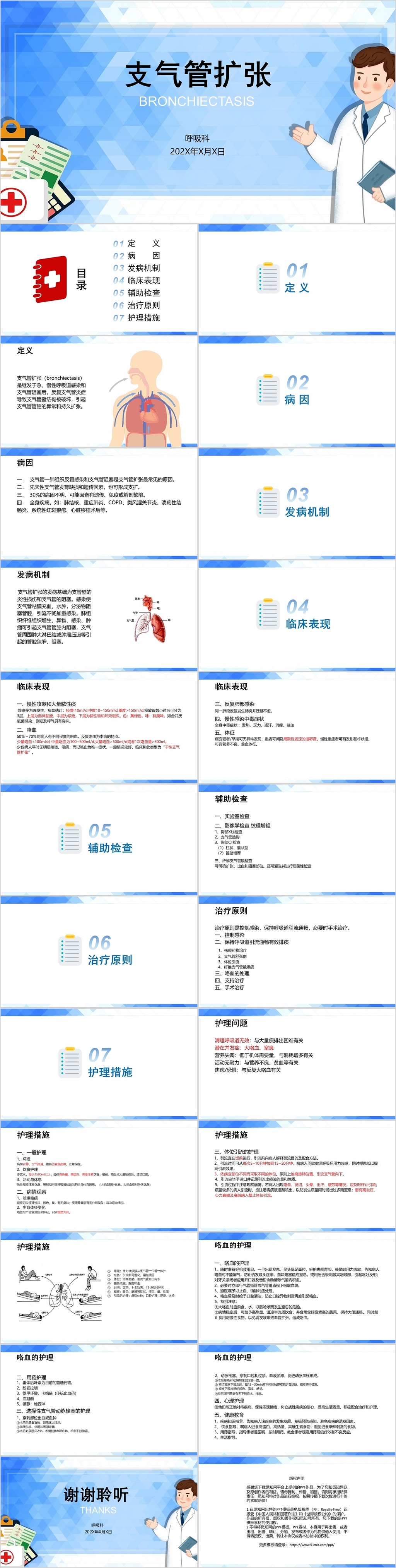 蓝色医疗支气管扩张护理培训PPT模板支气管扩张ppt 椰子办公